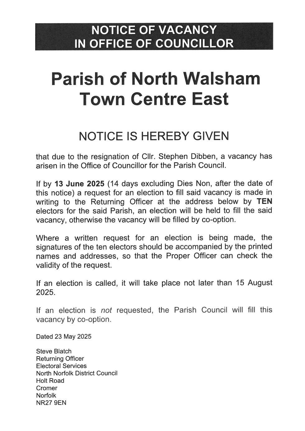 Notice of Vacancy Town Centre East | www.nwtc.org.uk